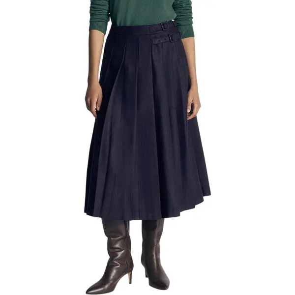 Boden Herringbone Pleated Wool Blend Midi Skirt