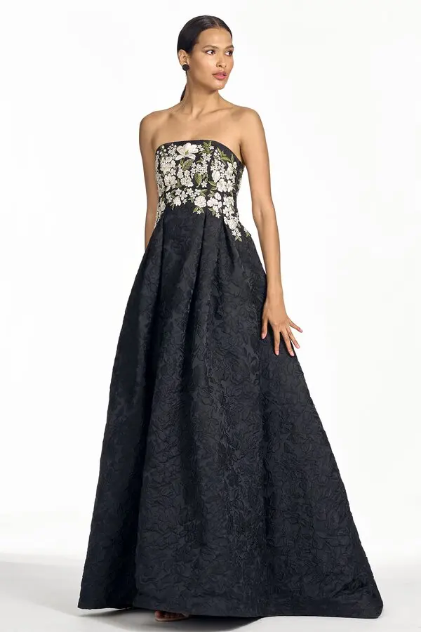 Sachin & Babi Astrid Black Embroidered A-line Gown