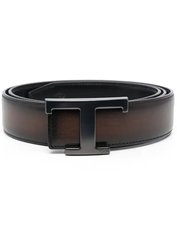 TOD`S Reversible Smooth Leather Strap With Custom Metal Timeless T Buckle - Brown