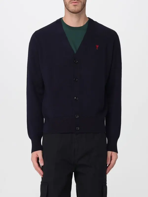 AMI Paris V-neck Wool Cardigan With Contrast Embroidered Logo - Marine