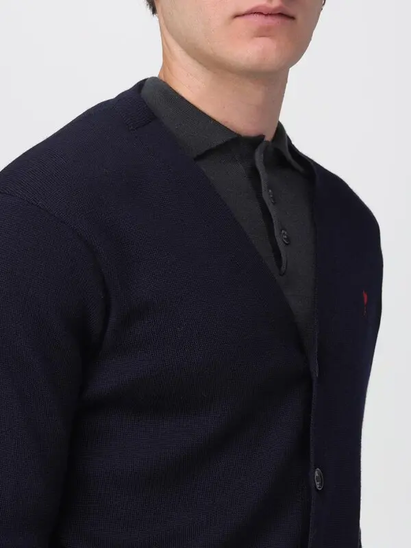 AMI Paris V-neck Wool Cardigan With Contrast Embroidered Logo - Navy