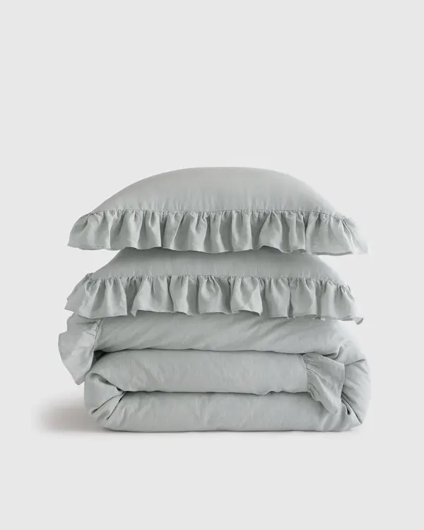 Quince European Linen Ruffle Duvet Cover Set - Mist