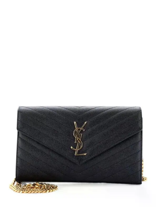 Saint Laurent Classic Monogram Wallet On Chain Matelasse Chevron Leather Medium Crossbody Bag - Black