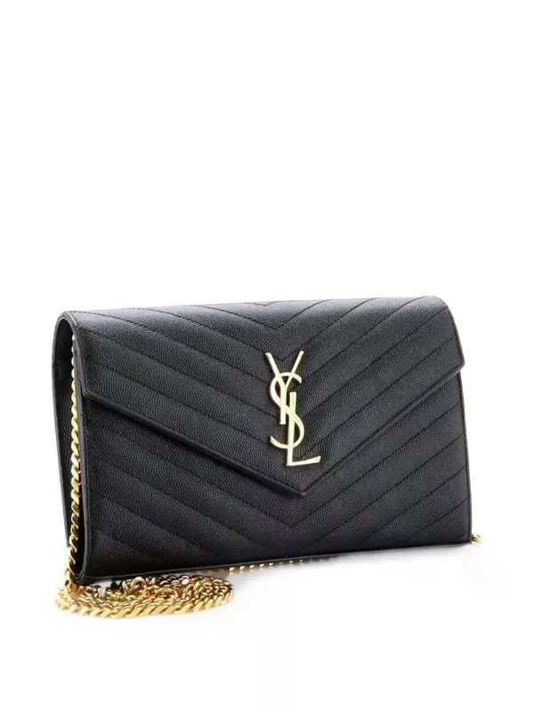 Saint Laurent Classic Monogram Wallet On Chain Matelasse Chevron Leather Medium Crossbody Bag - Black