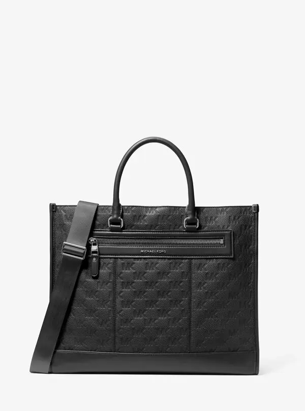 Michael Kors Jet Set Logo Embossed Leather Tote Bag In By - Black