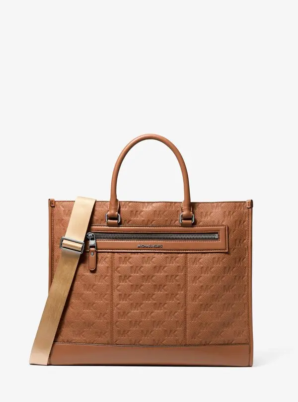 Michael Kors Jet Set Logo Embossed Leather Tote Bag In By - Brown