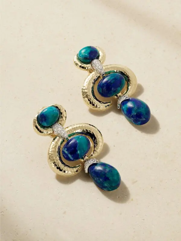 David Webb Double Crescent 18-karat Gold And Platinum, Diamond And Azurmalachite Earrings