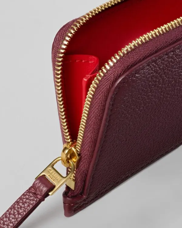 Celine Long Zipped Card Holder In Grained Supple Calfskin - Syrah/red
