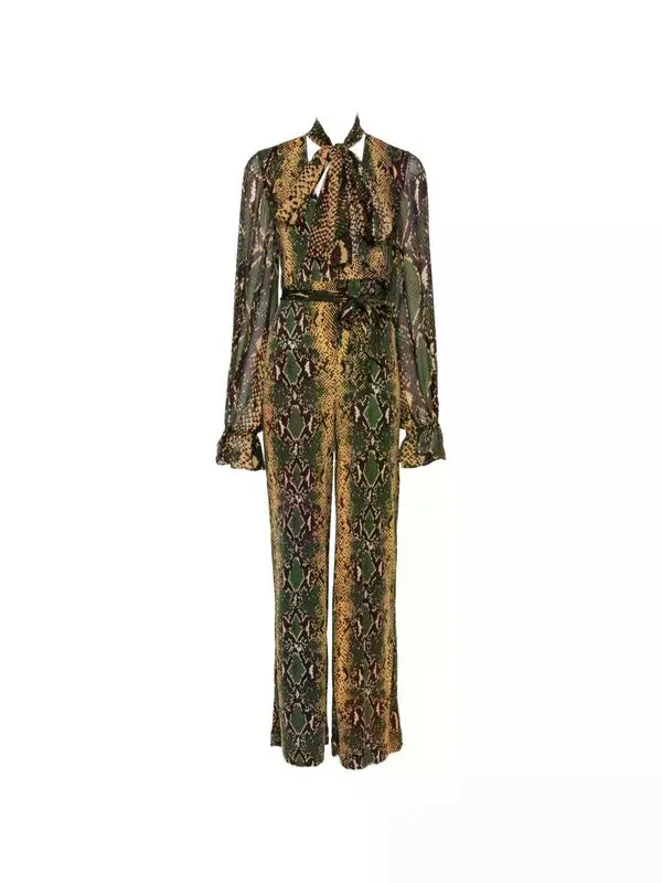 Diane Von Furstenberg Lucia Snakeskin-print Pussy-bow Jumpsuit - Yellow