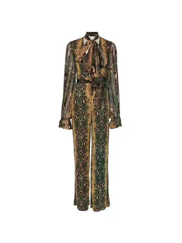 Diane Von Furstenberg Lucia Snakeskin-print Pussy-bow Jumpsuit - Yellow