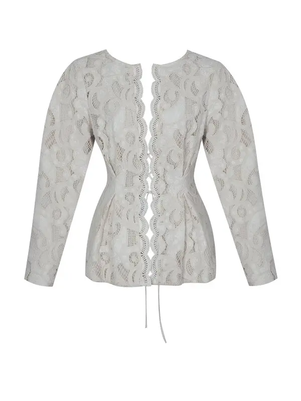 MISS CIRCLE NEW YORK Neutrals Wenley Cotton Lace Puff Sleeve Cinched Top - Beige
