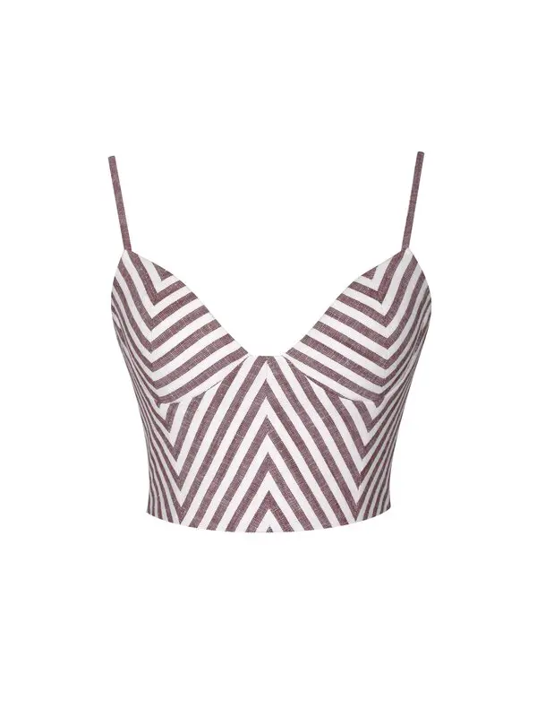 MISS CIRCLE NEW YORK Xola & White Chevron Striped Linen Cropped Top - Red