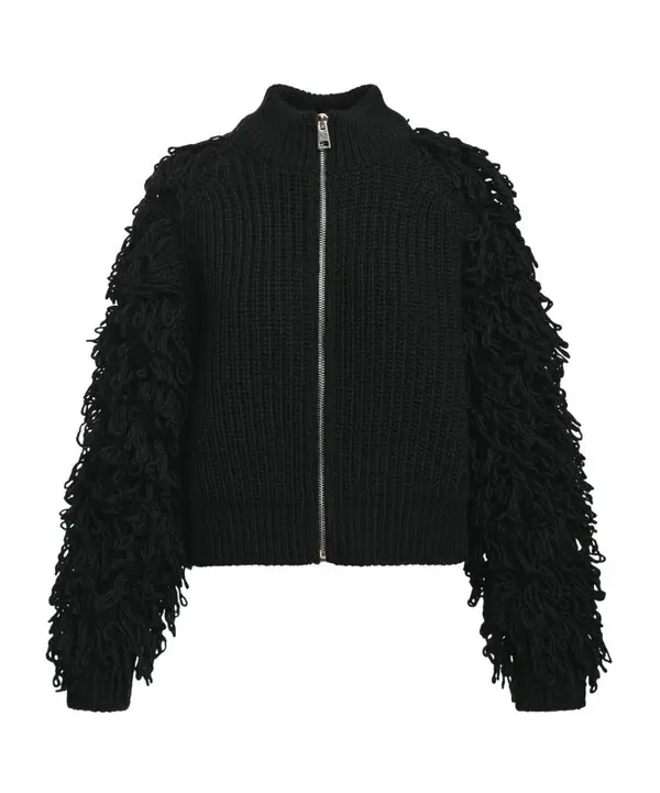 Essentiel Antwerp Fringe-sleeve Wool-blend Cardigan - Black