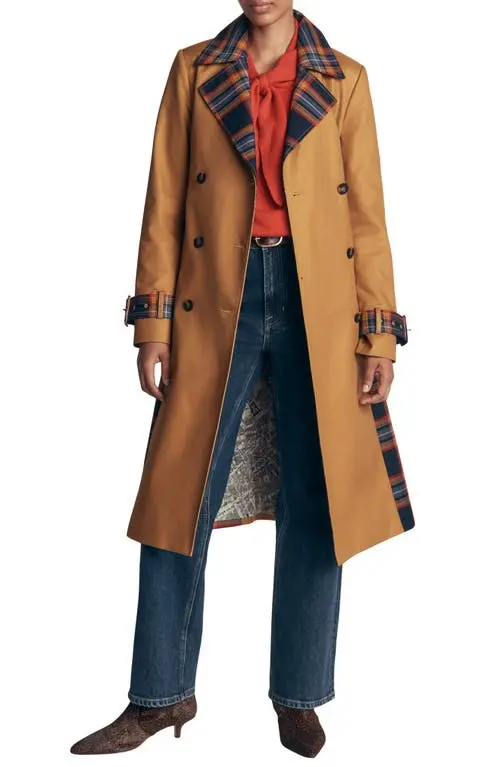 Boden Plaid Accent Double Breasted Cotton Trench Coat - Camel