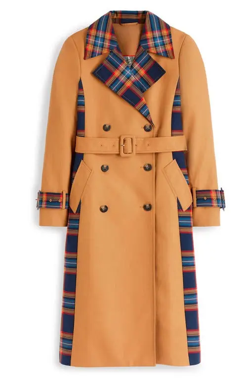 Boden Plaid Accent Double Breasted Cotton Trench Coat