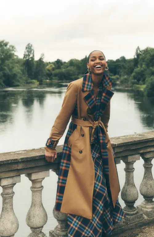 Boden Plaid Accent Double Breasted Cotton Trench Coat