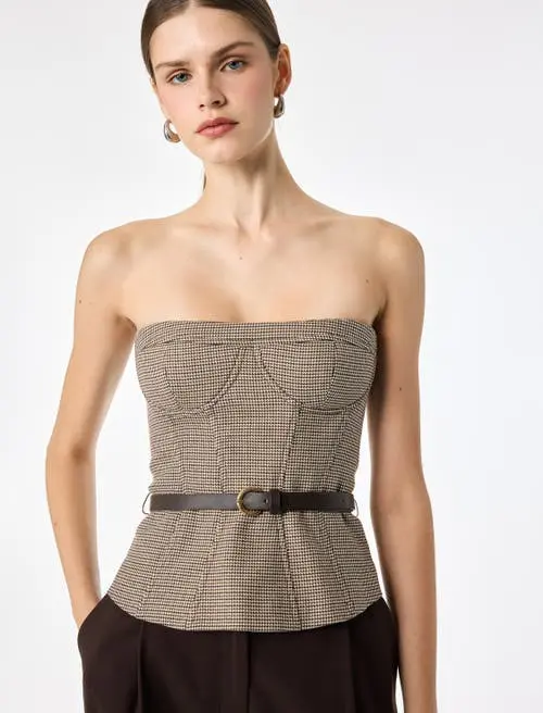 Koton Strapless Houndstooth Corset Top With Belt