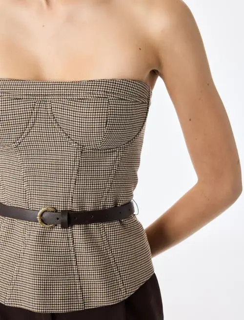 Koton Strapless Houndstooth Corset Top With Belt