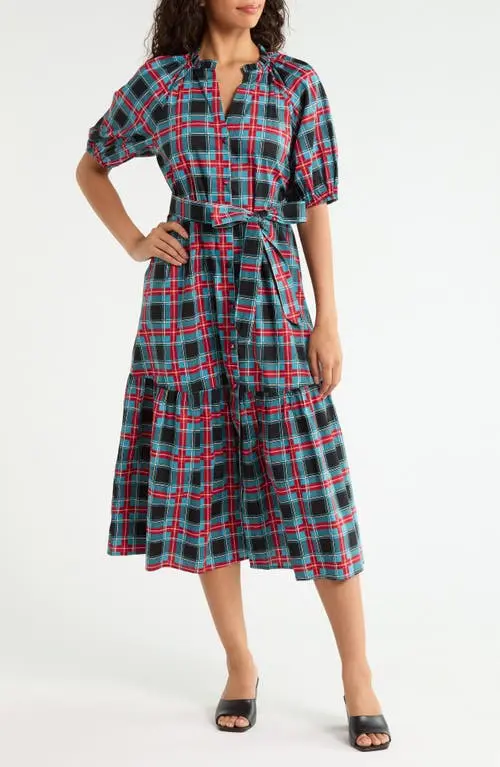 SUGARLIPS Wynette Plaid Tiered Cotton Midi Shirtdress