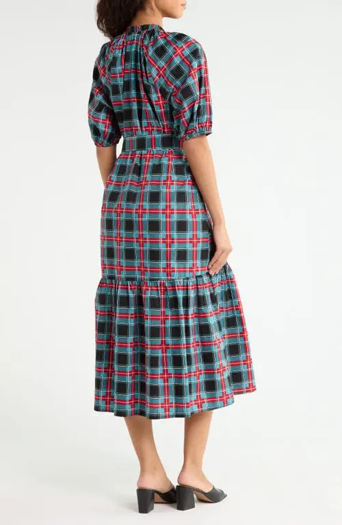 SUGARLIPS Wynette Plaid Tiered Cotton Midi Shirtdress