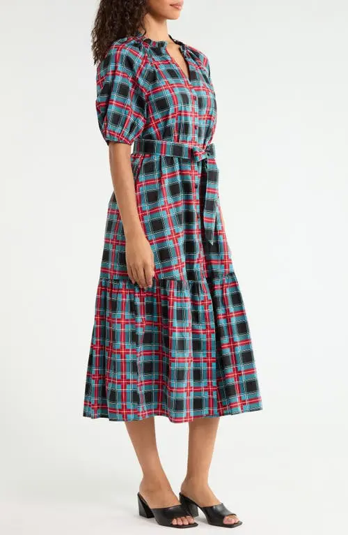 SUGARLIPS Wynette Plaid Tiered Cotton Midi Shirtdress