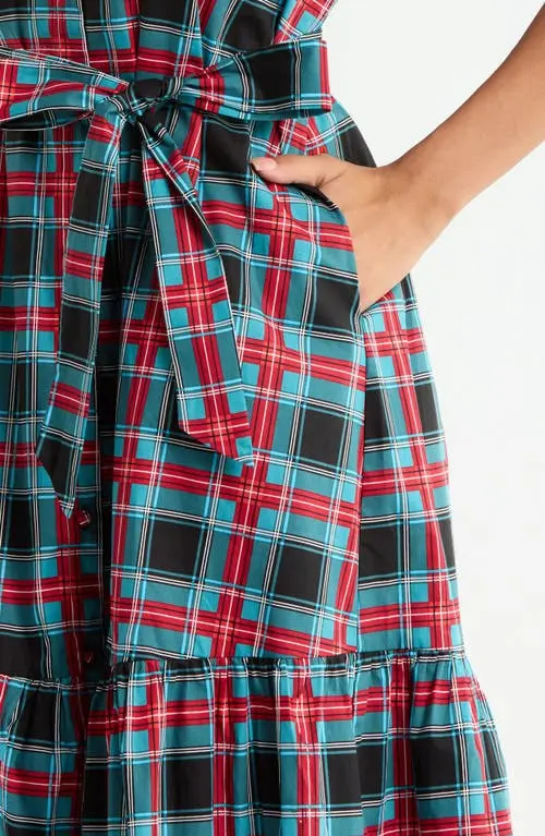 SUGARLIPS Wynette Plaid Tiered Cotton Midi Shirtdress