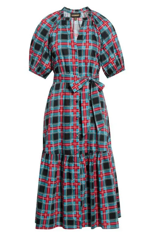 SUGARLIPS Wynette Plaid Tiered Cotton Midi Shirtdress