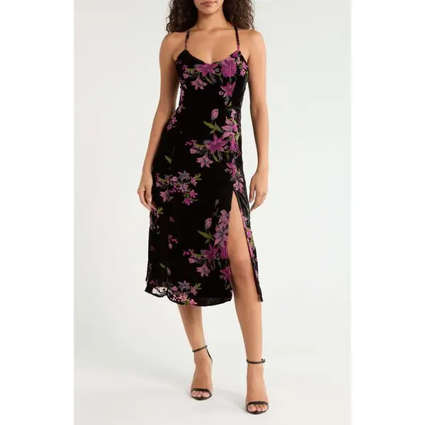 SUGARLIPS Sylvia Floral Midnight Velvet Midi Dress - Black-multi