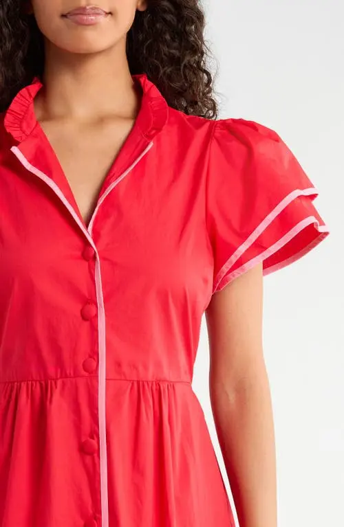 SUGARLIPS Davie Contrast Trim Cotton Shirtdress - Red
