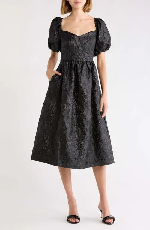 SUGARLIPS Metallic Floral Jacquard Puff Sleeve Dress - Black
