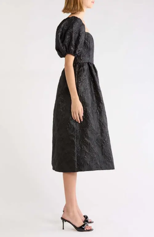 SUGARLIPS Metallic Floral Jacquard Puff Sleeve Dress - Black