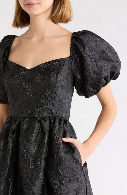 SUGARLIPS Metallic Floral Jacquard Puff Sleeve Dress - Black
