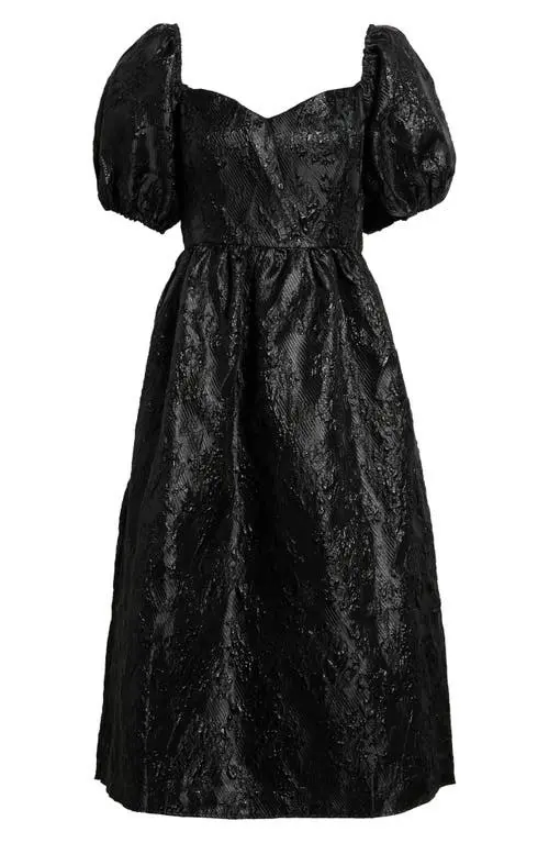 SUGARLIPS Metallic Floral Jacquard Puff Sleeve Dress - Black