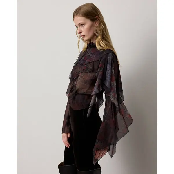 Ralph Lauren Ilene Ruffle-trim Floral Chiffon Blouse