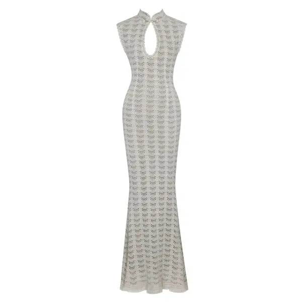 MISS CIRCLE NEW YORK Neutrals Xylona Beige & Gold Crochet Teardrop Neckline Mermaid Maxi Dress - Beige/yellow