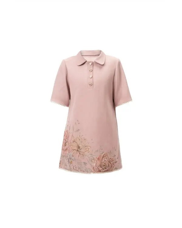 RONDOOZ Hand Painted Corduroy Shift Mini Dress With Hand Applied Embellishment