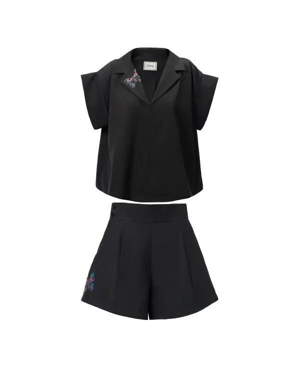 RONDOOZ Hand Painted Blouse And Shorts Set In Linen With Hand Applied Embellishment - Black