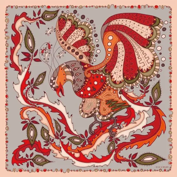 SILK AND BEARS Phoenix Paisley Silk Twill Scarf – Printed Mulberry Silk, Hand-rolled Hem - Red