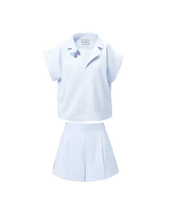 RONDOOZ Hand Painted Linen Blouse And Shorts Set With Hand Applied Embellishment