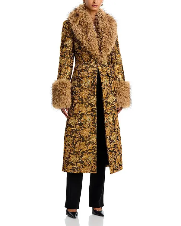 Cinq À Sept Ivella Faux Fur Trim Jacquard Coat
