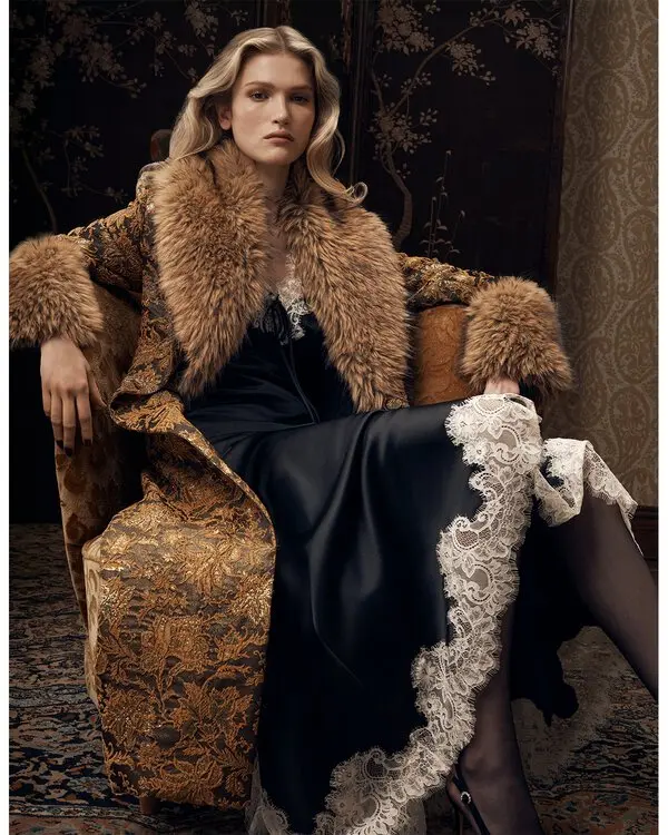 Cinq À Sept Ivella Faux Fur Trim Jacquard Coat