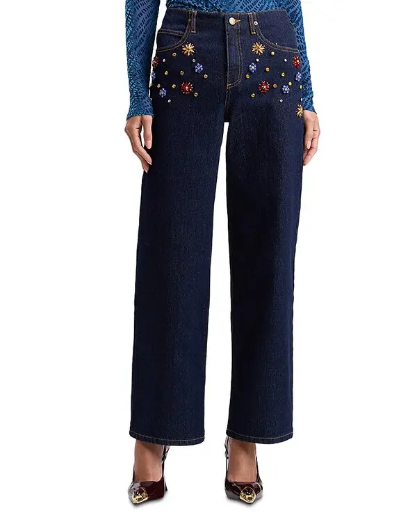 Avec Les Filles Rhinestone Embellished Highrise Wide Leg Jeans