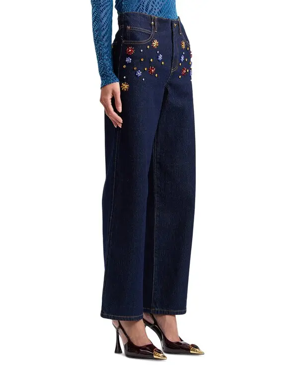 Avec Les Filles Rhinestone Embellished Highrise Wide Leg Jeans