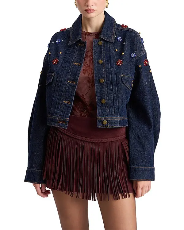 Avec Les Filles Rhinestone Embellished Cropped Denim Trucker Jacket