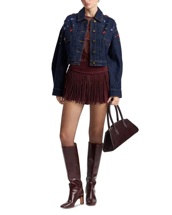Avec Les Filles Rhinestone Embellished Cropped Denim Trucker Jacket