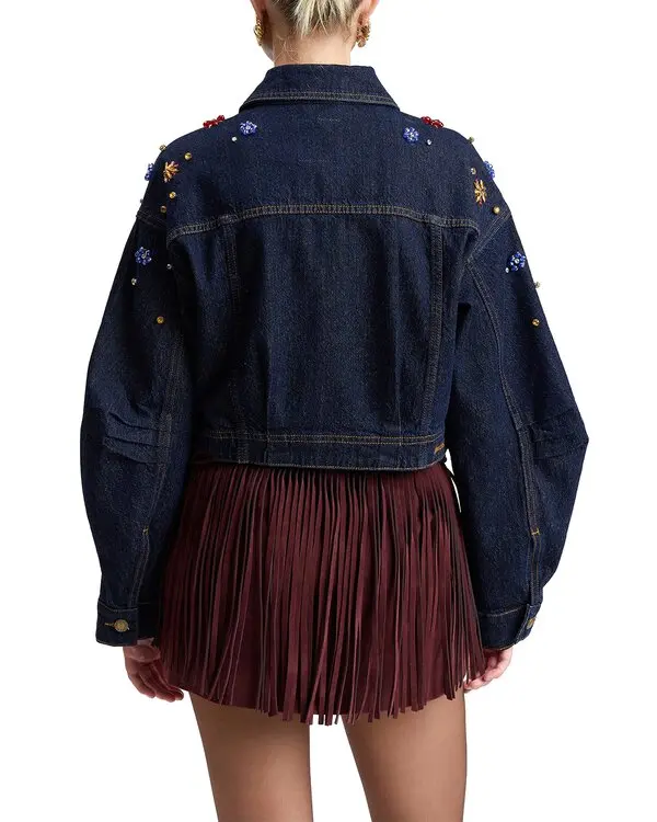 Avec Les Filles Rhinestone Embellished Cropped Denim Trucker Jacket