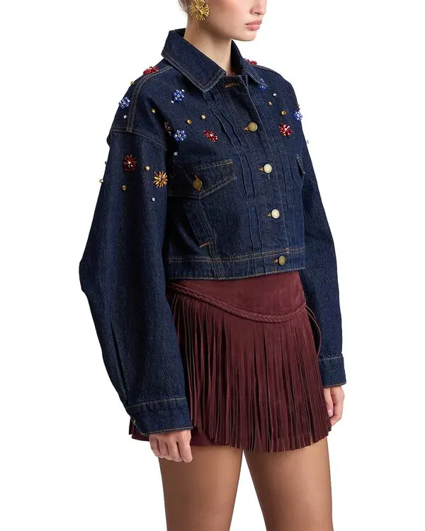 Avec Les Filles Rhinestone Embellished Cropped Denim Trucker Jacket