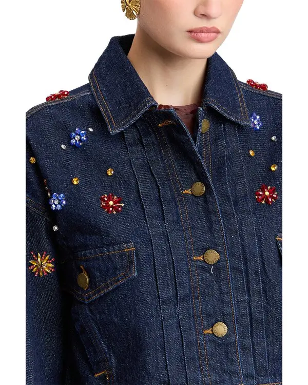 Avec Les Filles Rhinestone Embellished Cropped Denim Trucker Jacket