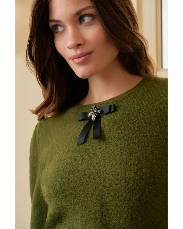 CECE DUPRAZ Bow Detail Short Sleeve Sweater - Capulet Olive