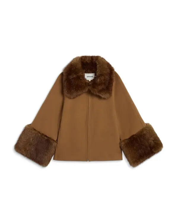 Apparis Judie Faux Fur Trim Wool Coat - Camel/mink